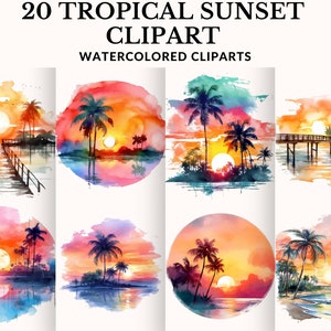 Watercolored Clipart of Tropical Sunset Tropical Beach Summer Art ...