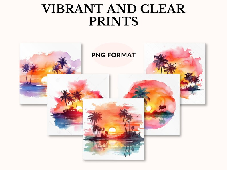 Watercolored Clipart of Tropical Sunset Tropical Beach Summer Art ...