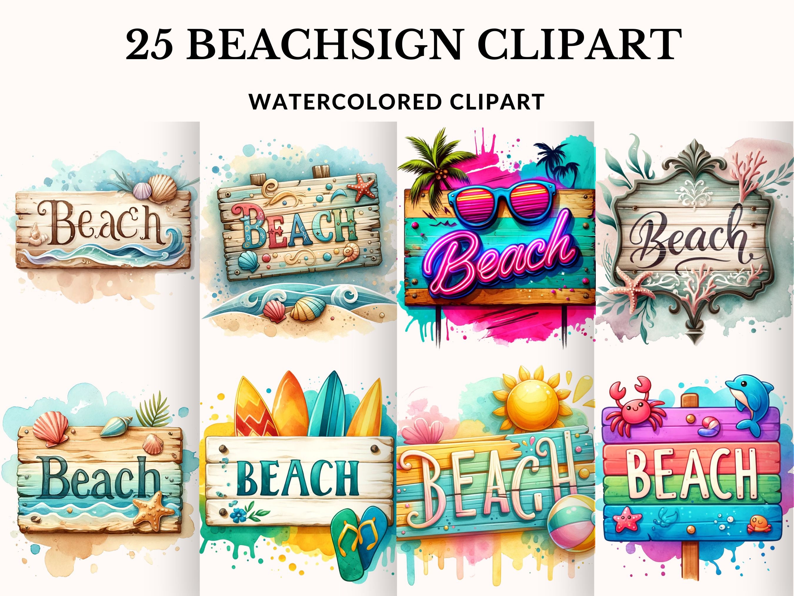 25 Beach Sign Clipart, Wooden Sign Watercolor Prints | Summer Digital ...