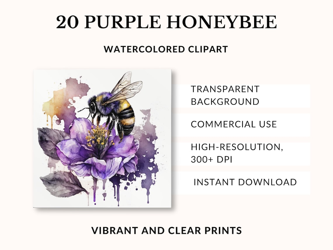 Bee Clipart Purple Bee With Flower Purple Honey Bee Watercolor Honey ...
