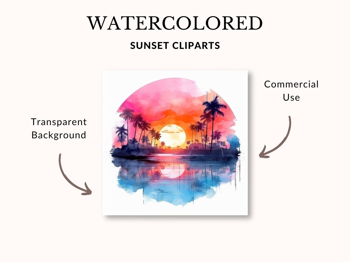 Watercolored Clipart of Tropical Sunset Tropical Beach Summer Art ...