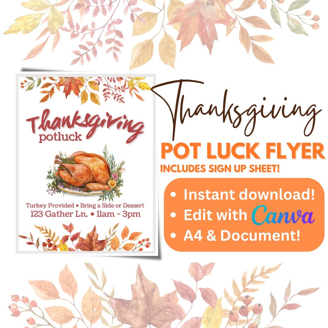 Thanksgiving Potluck Printable Print & Post Digital Template, Edit ...