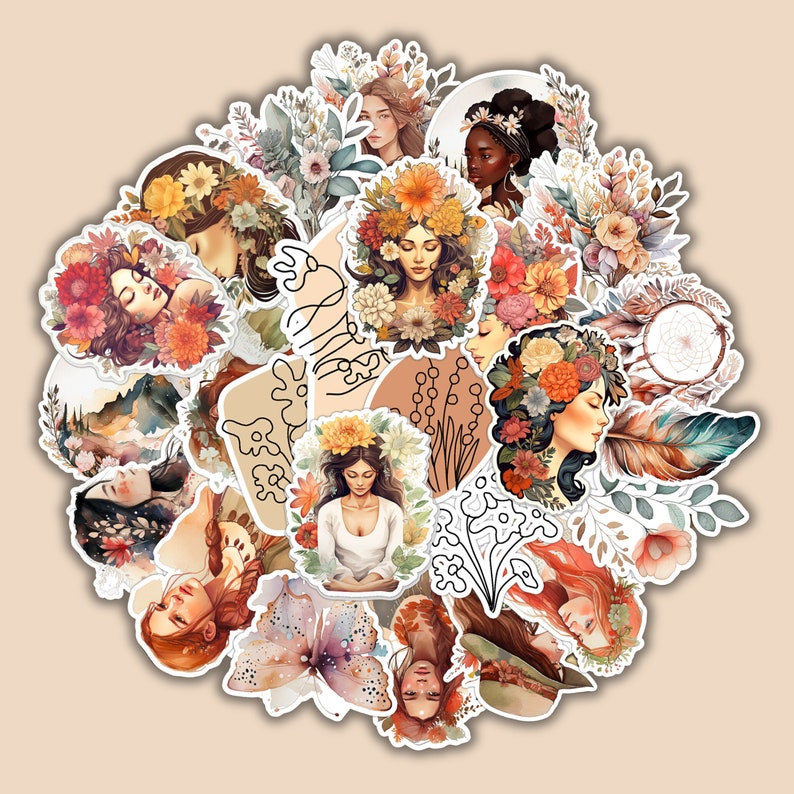 50 Pcs Bohemian Sticker Pack, Boho Die Cut Sticker Pack, Retro Sticker ...