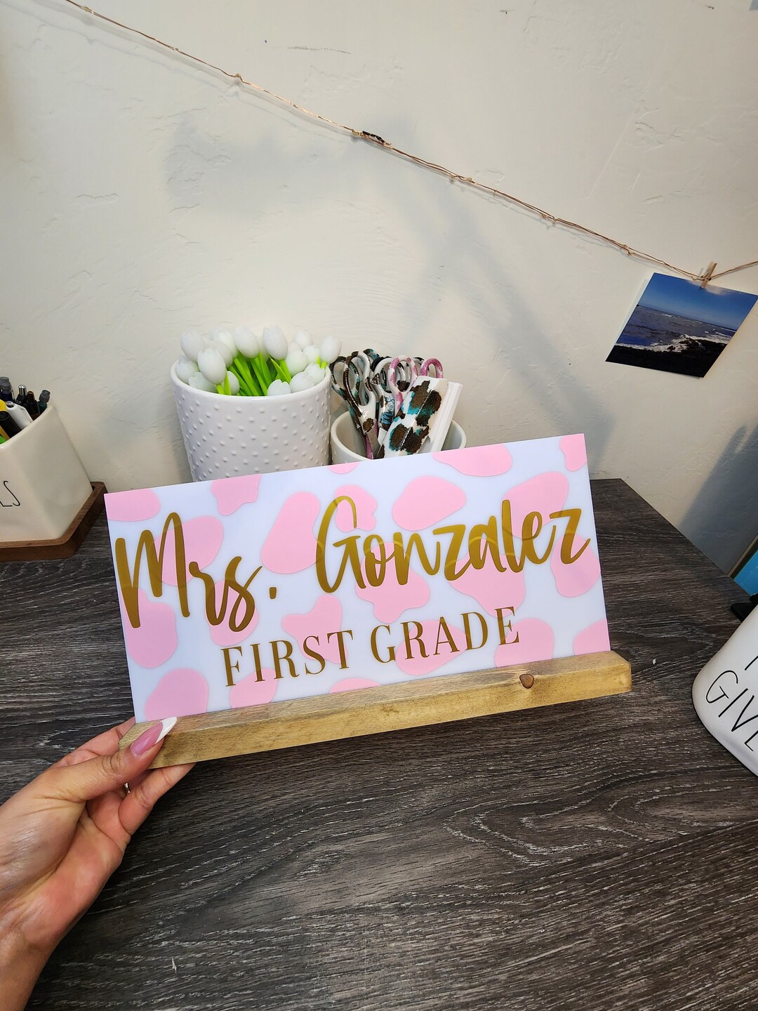 Custom Cow Print Name Plate W/ Wooden Base Teacher Gift Cow Print ...