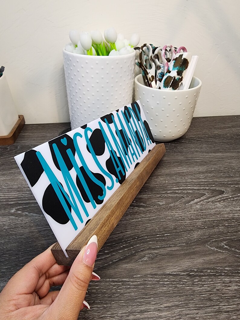 Custom Cow Print Name Plate W/ Wooden Base Teacher Gift Cow Print ...