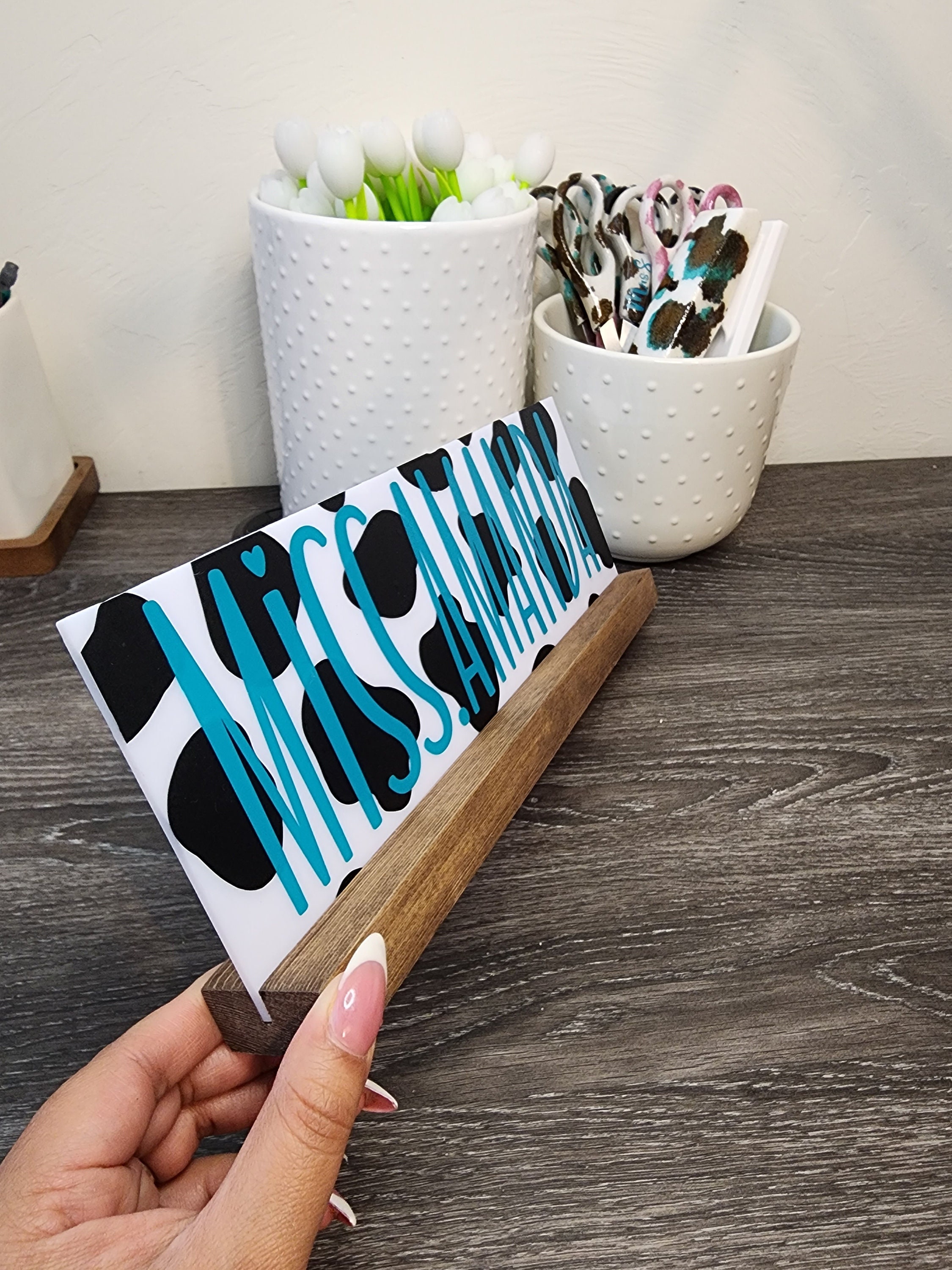 Custom Cow Print Name Plate W/ Wooden Base Teacher Gift Cow Print ...