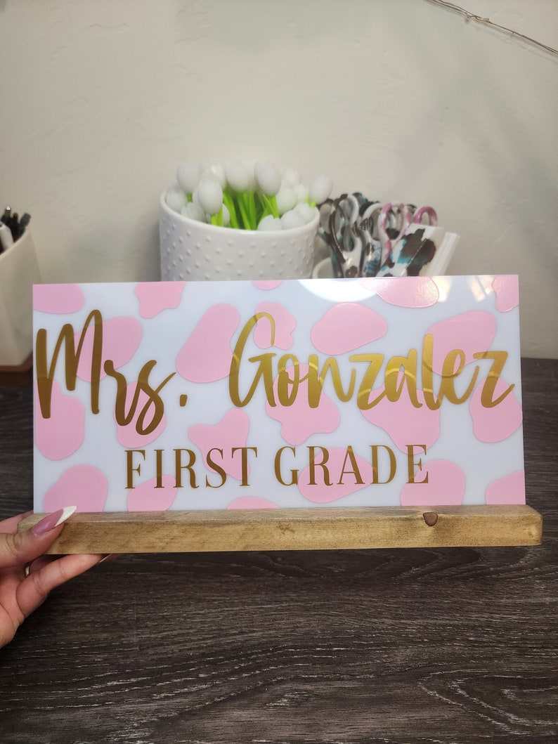 Custom Cow Print Name Plate W/ Wooden Base Teacher Gift Cow Print ...