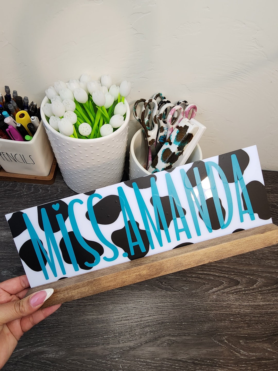 Custom Cow Print Name Plate W/ Wooden Base Teacher Gift Cow Print ...