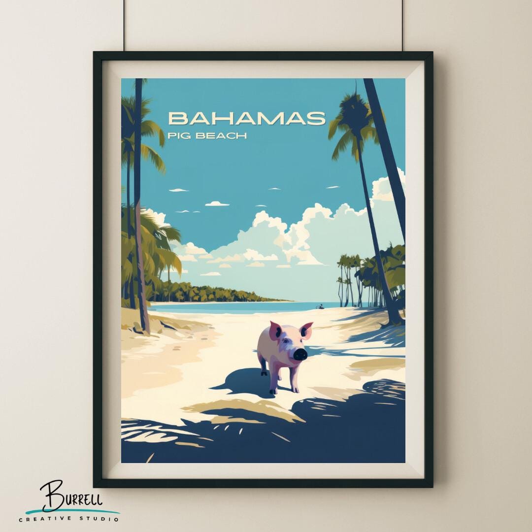 Big Major Cay Bahamas Pig Beach Travel Poster & Wall Art Poster Print ...