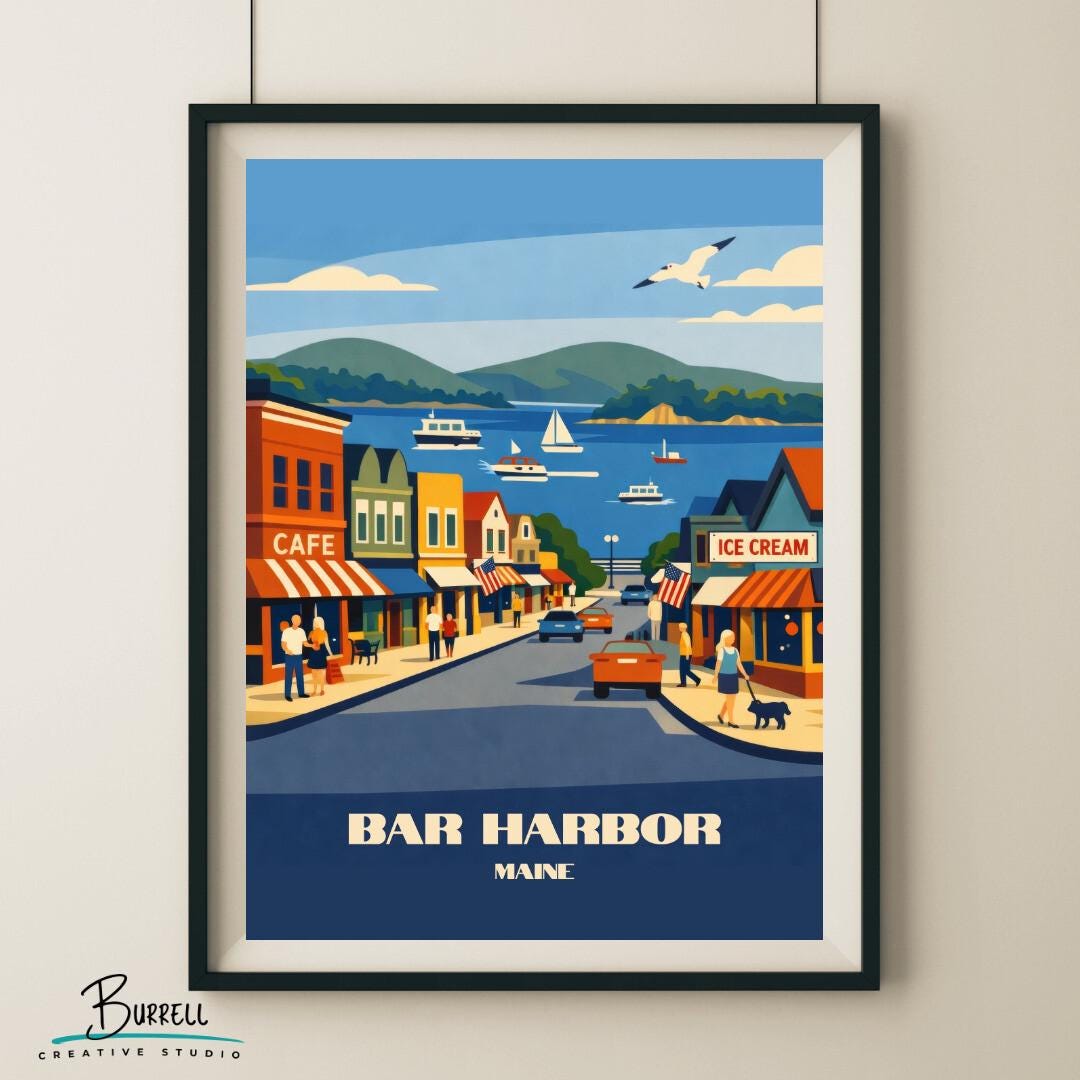 Bar Harbor Maine Downtown Travel Poster & Wall Art Poster Print - Etsy