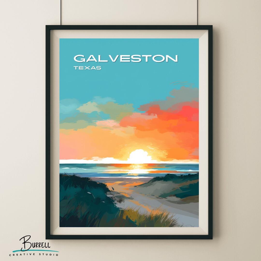 Galveston Texas Beach Sunset Travel Poster & Wall Art Poster Print - Etsy