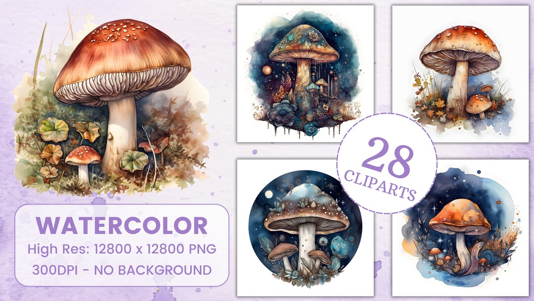 Enchanting Watercolor Mushroom Clipart Collection - 28 High-resolution ...
