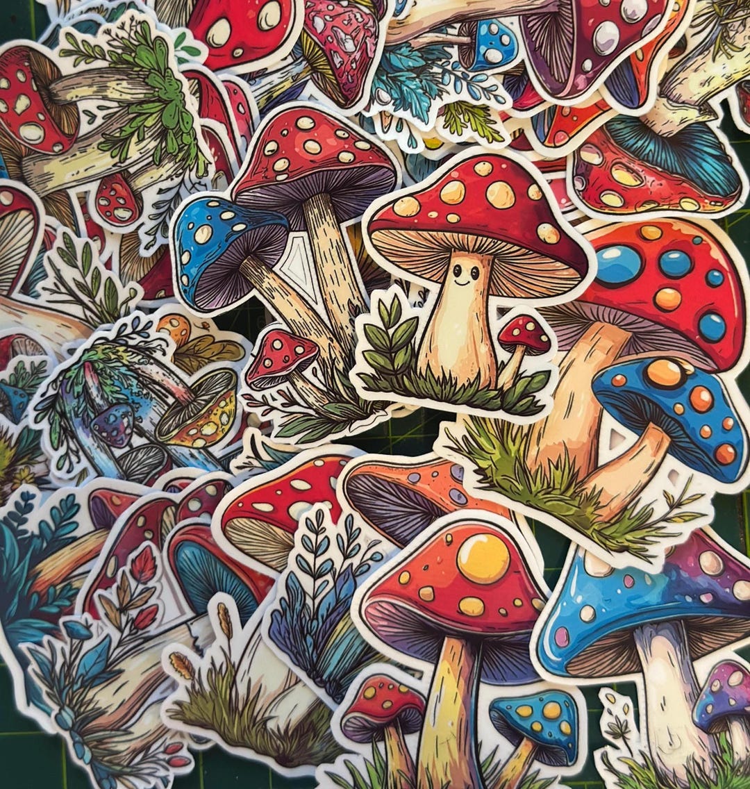 Cute Colorful Mushroom Sticker Pack – 48 Whimsical Vinyl Stickers ...