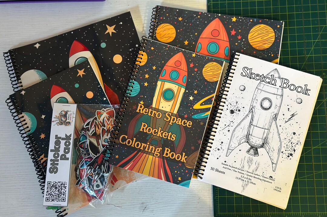 Retro Rocket Ship Stationery Bundle – Coloring Books, Lined Notebooks ...