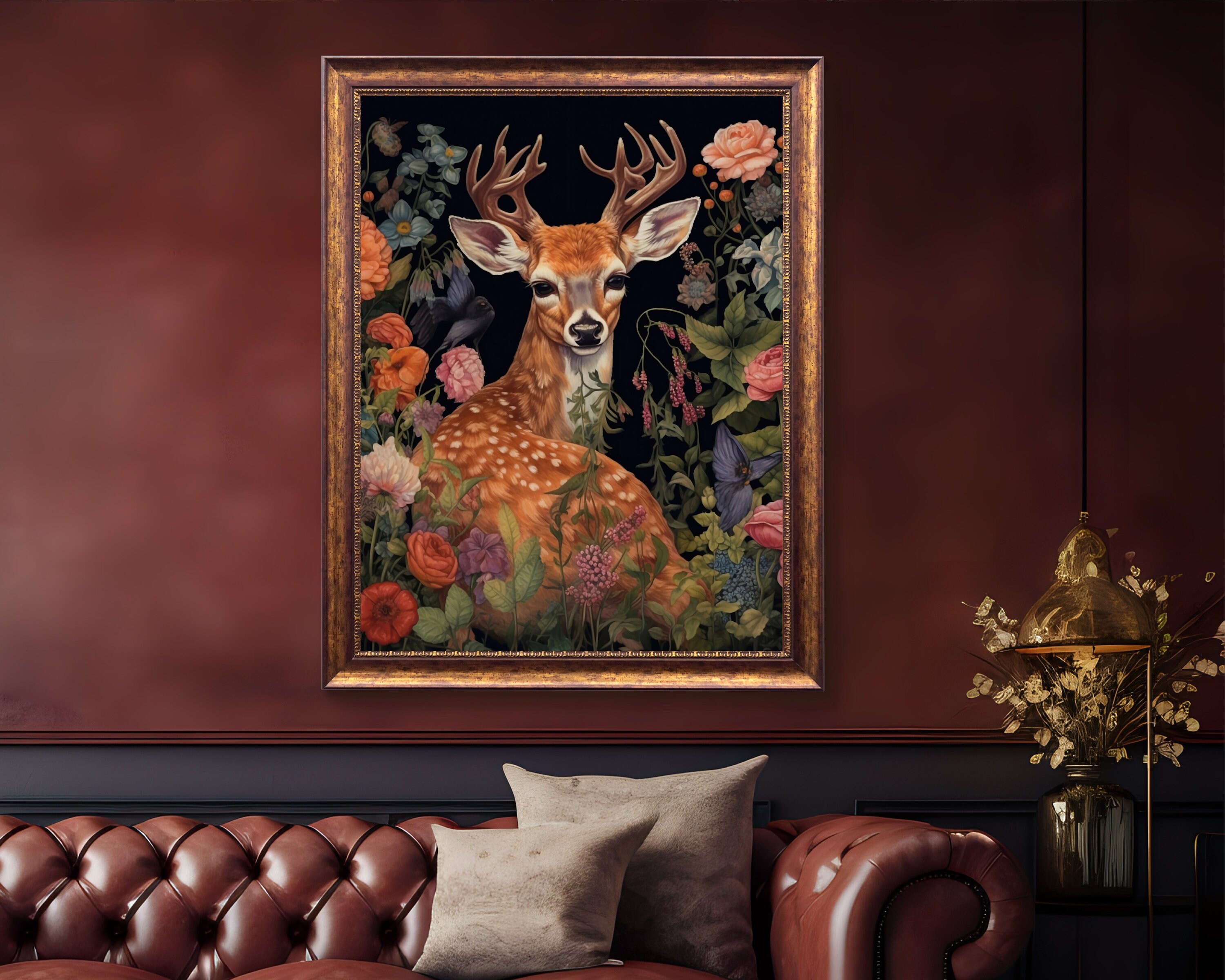Botanical Deer Dark Gothic Cottagecore Art Moody Floral - Etsy