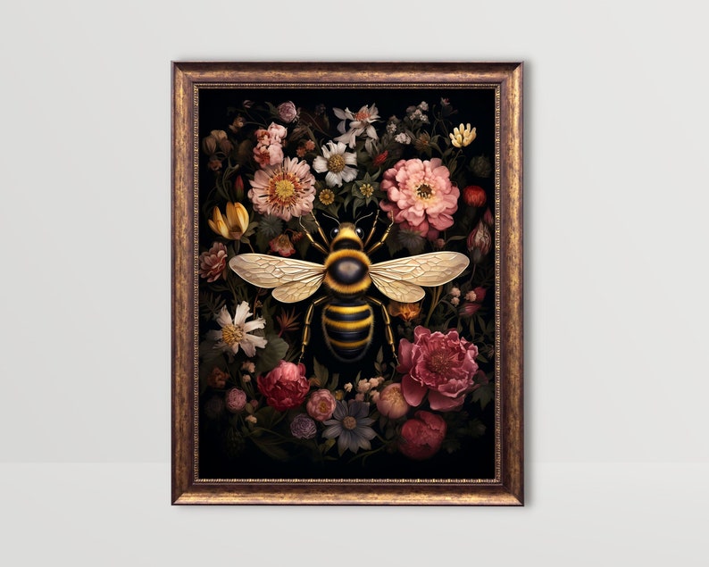 Floral Bee | Insect Wall Art, Vintage Flowers Printable Painting, Goth ...