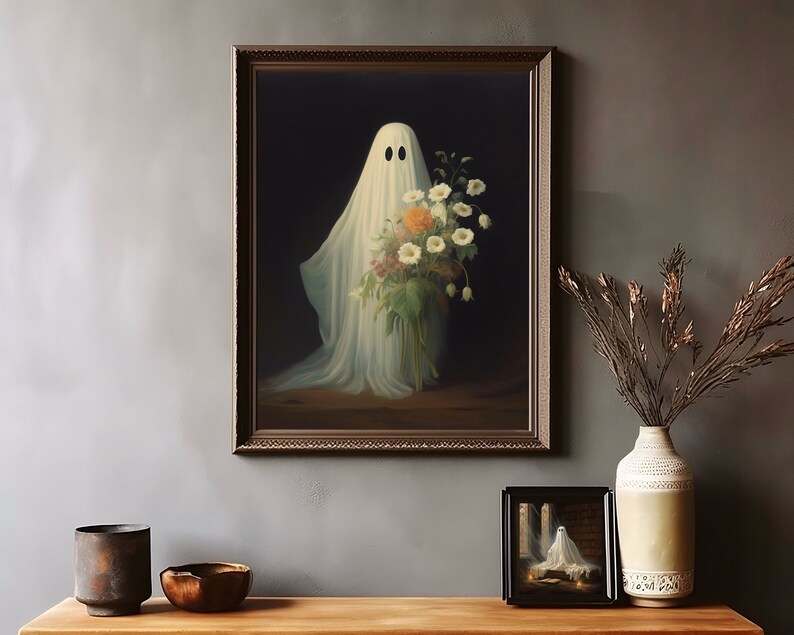 Ghost With Flower Bouquet | Romantic Spooky Wall Art, Dark Cottagecore ...