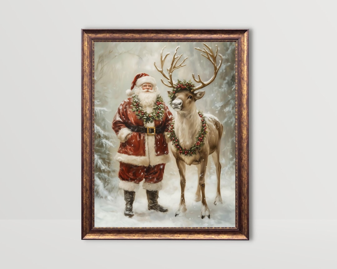 Santa and Reindeer | Christmas Wall Art, Vintage Santa Claus Prints, Rustic Holiday Decor ...