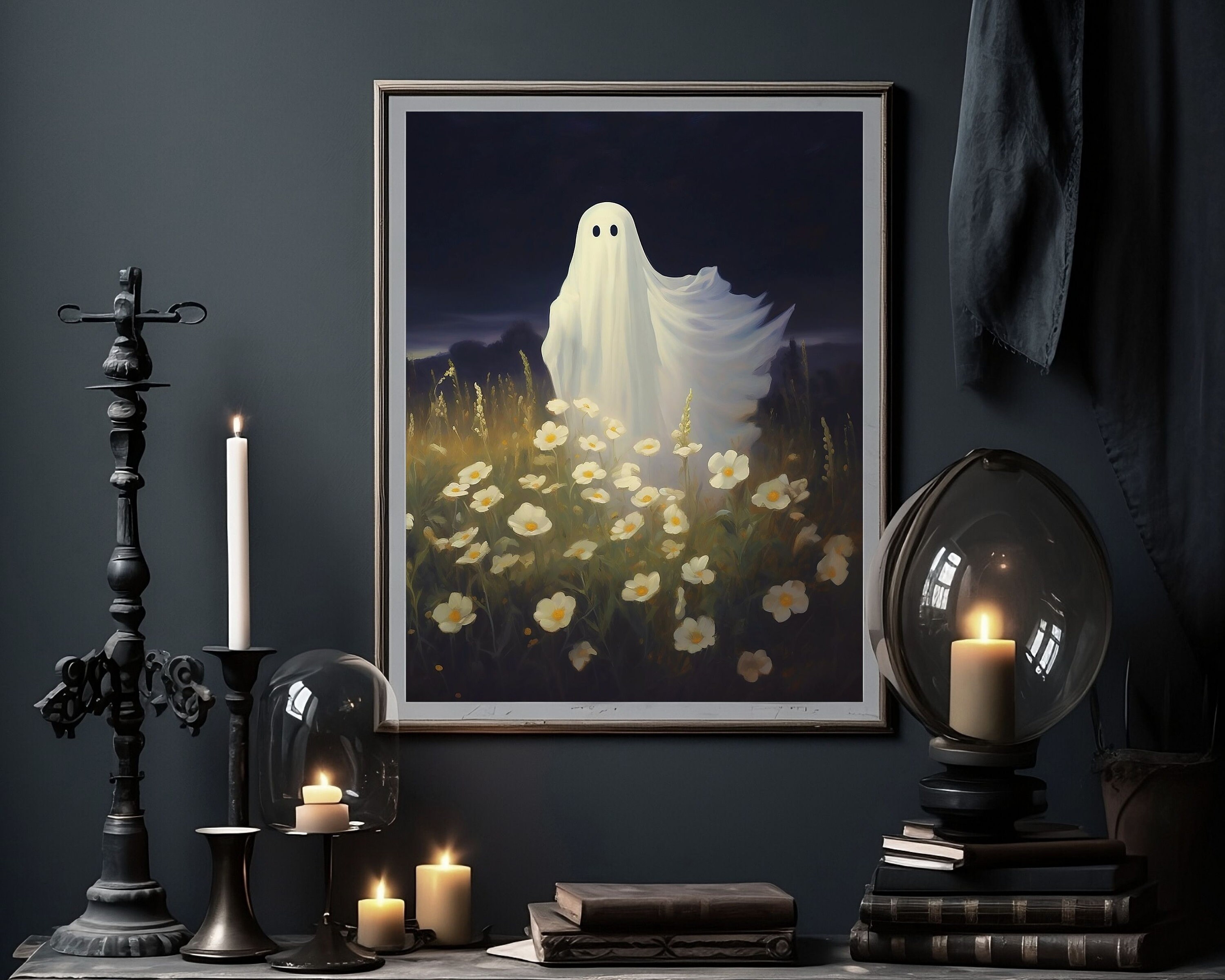 Ghost and Flowers | Cute Ghost Painting, Dark Cottagecore Spooky Wall ...