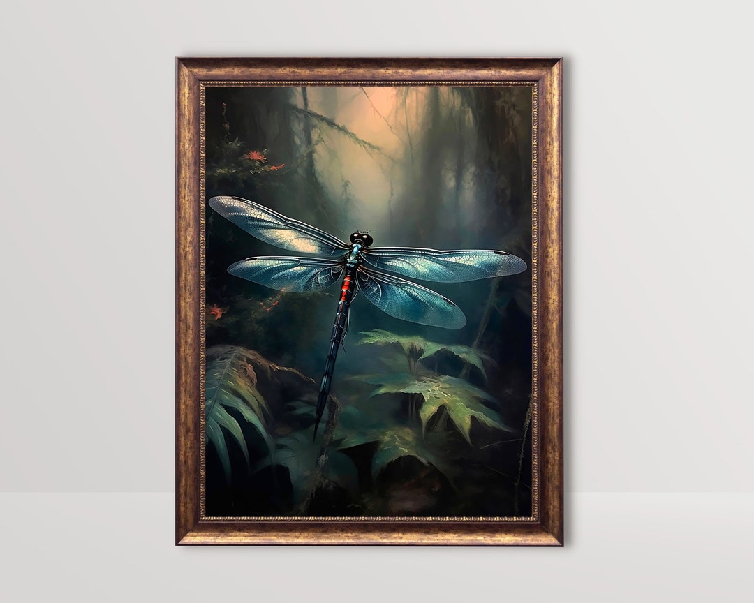 Dragonfly | Black Botanical Print, Vintage Oil Painting Printable ...