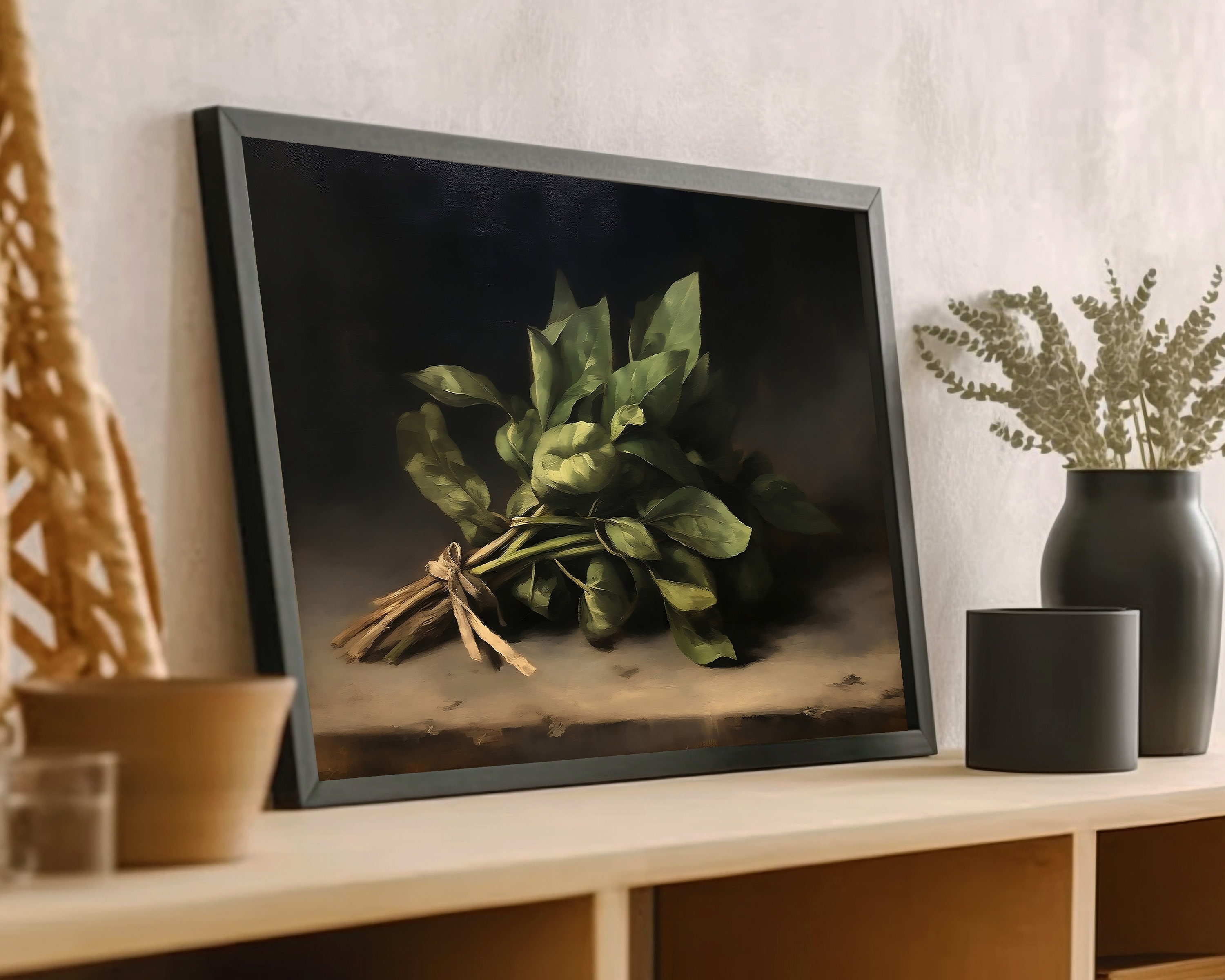 Basil | Herbs Wall Art, Moody Kitchen Prints, Vintage Still Life Oil ...