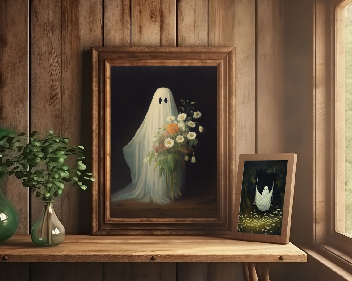 Ghost With Flower Bouquet Romantic Spooky Wall Art Dark - Etsy