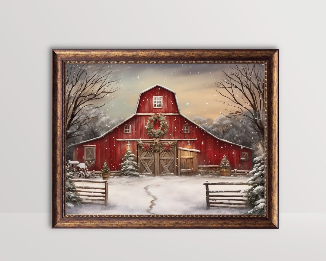 Christmas Farm Red Barn | Rustic Holiday Decor, Festive Wall Art ...