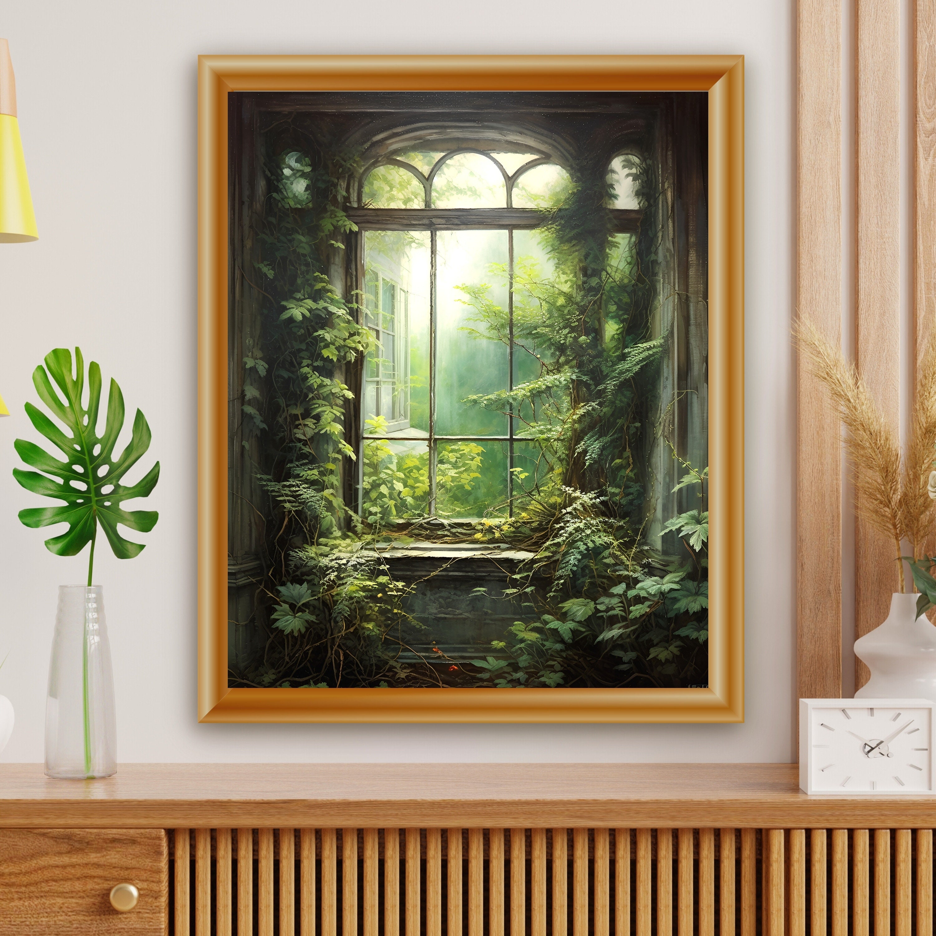 Overgrown Vintage Window Oil Painting Printable, Botanical Plant Art ...