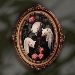 Albino Fruit Bats | Dark Cottagecore Goth Print, Botanical Vintage Oil ...