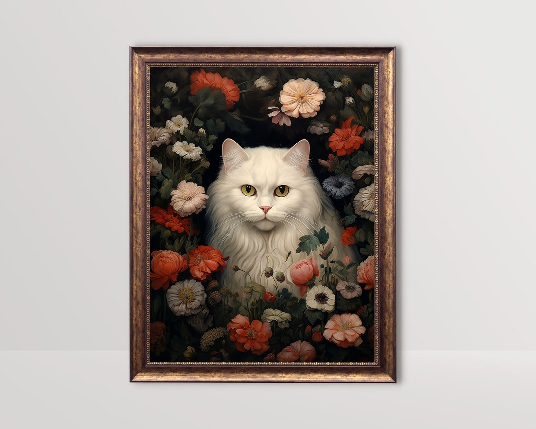 White Cat and Flowers | Whimsigoth Decor, Dark Cottagecore Art, Gothic ...