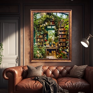 Greenhouse Library Reading Nook Painting Printable, Library Art Print ...
