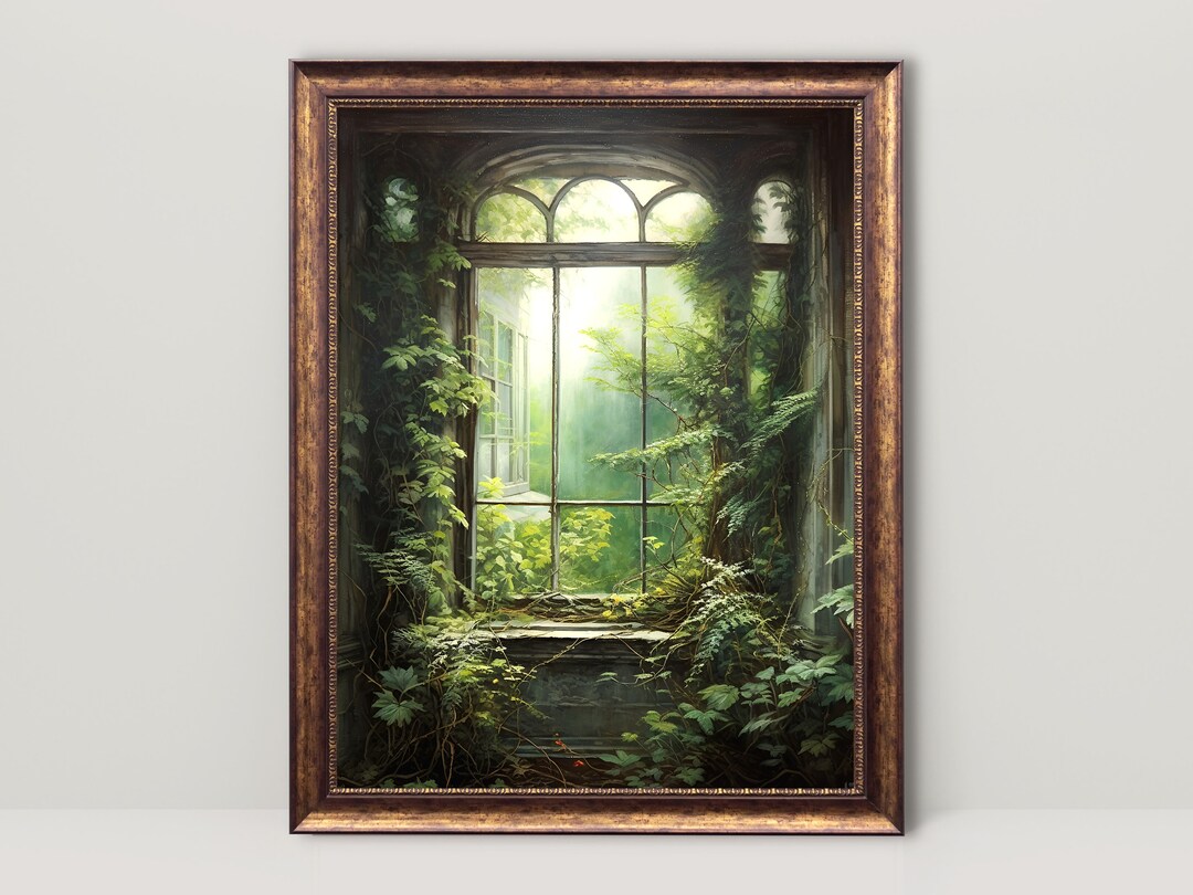 Overgrown Vintage Window Oil Painting Printable, Botanical Plant Art ...
