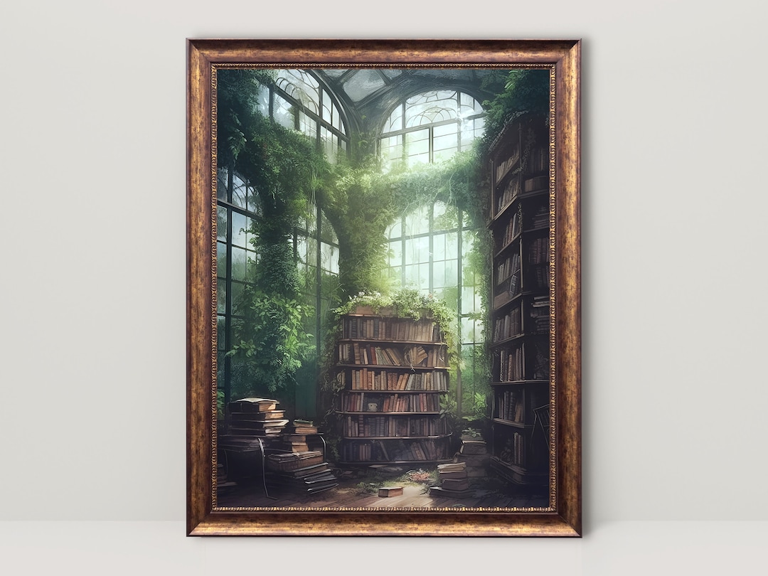 Old Abandoned Overgrown Library Oil Painting Printable, Dark Academia ...