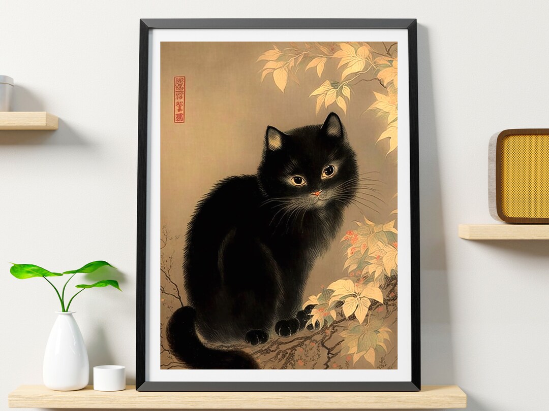 Japanese Cat Poster, Cat Art Printable, Black Cat, Animal Wall Art ...