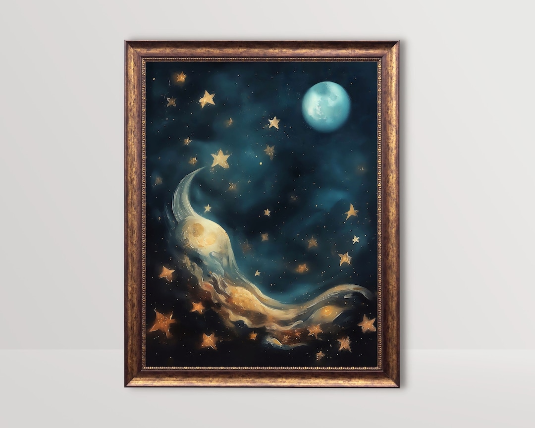 Abstract Blue Moon and Stars Oil Painting | Vintage Celestial Print ...