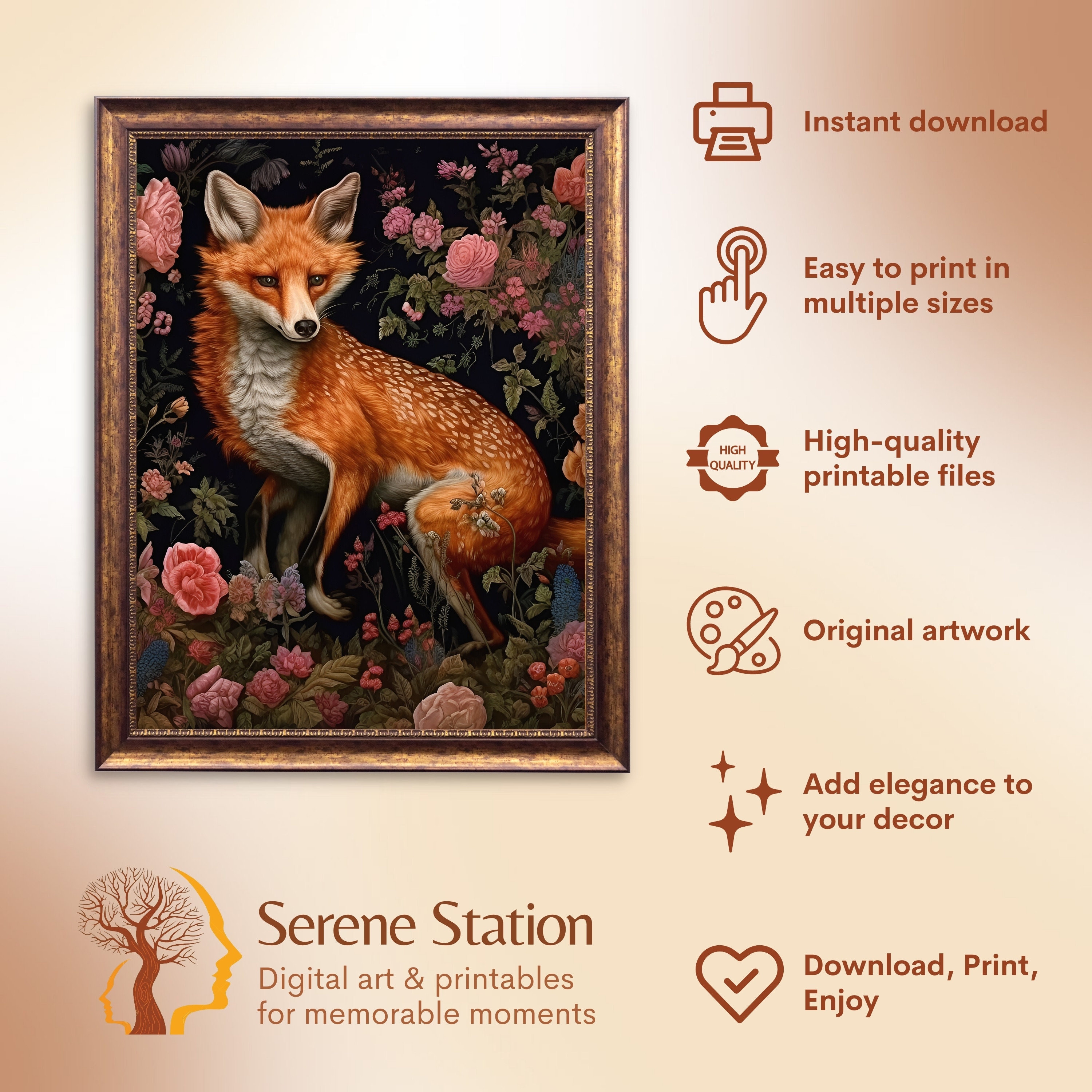 Floral Fox | Dark Gothic Botanical Art, Dark Academia Print, Goth Wall ...