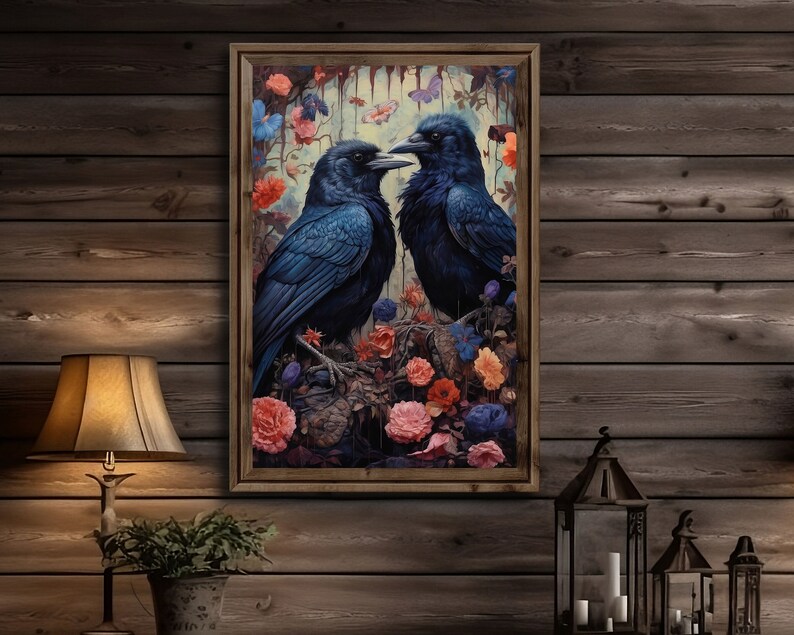 Raven Couple | Dark Botanical Gothic Cottagecore Art, Moody Vintage ...