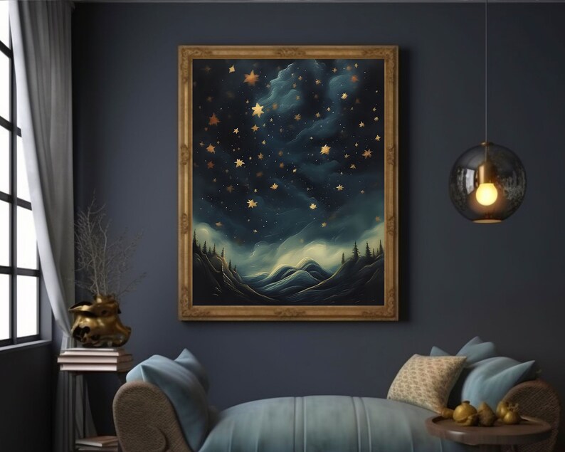 Abstract Vintage Night Sky Oil Painting | Celestial Print, Gothic Room ...