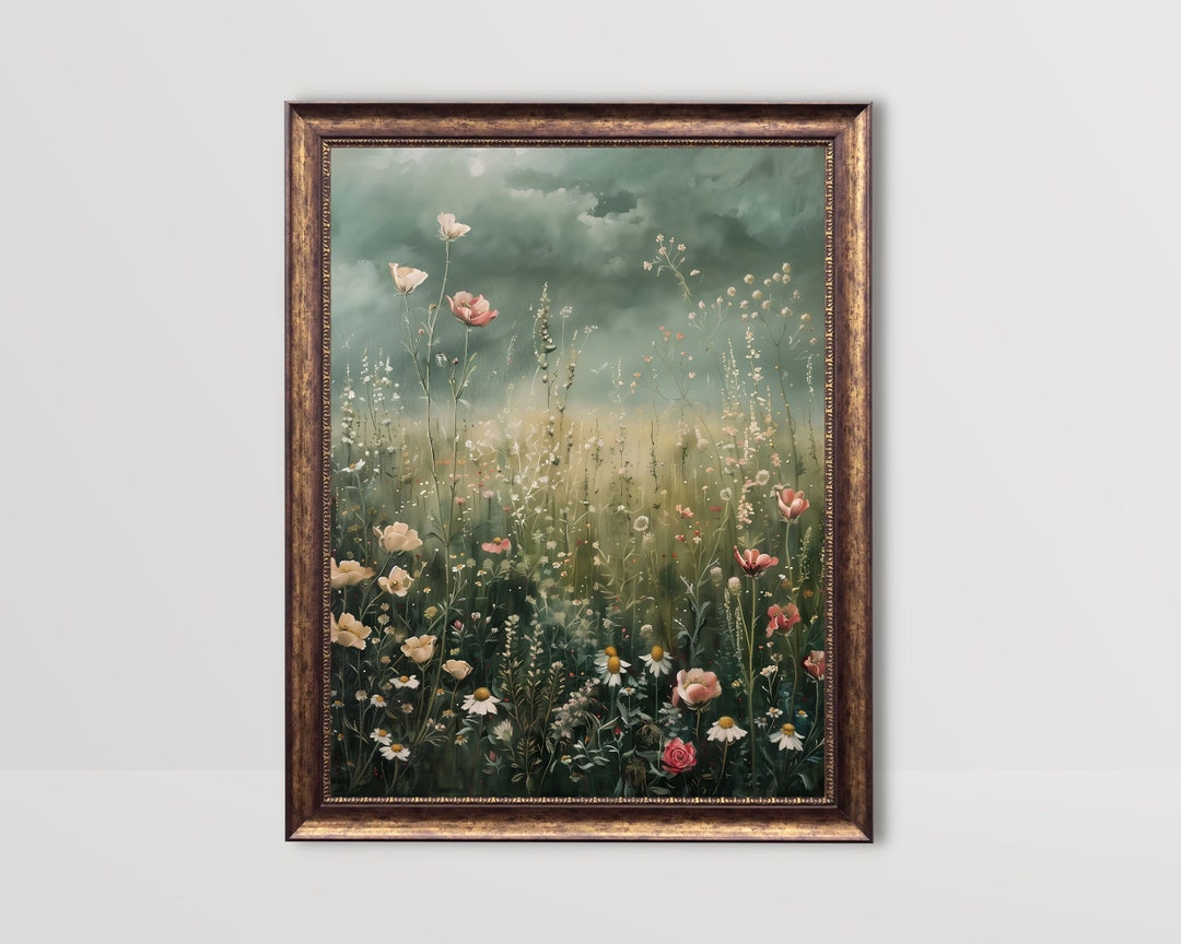 Moody Meadow | Wildflower Field Art, Vintage Landscape Painting Dark Green Wall Art Cottagecore ...