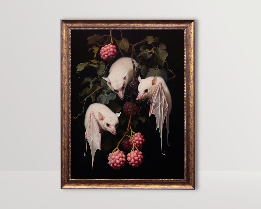 Albino Fruit Bats | Dark Cottagecore Goth Print, Botanical Vintage Oil ...
