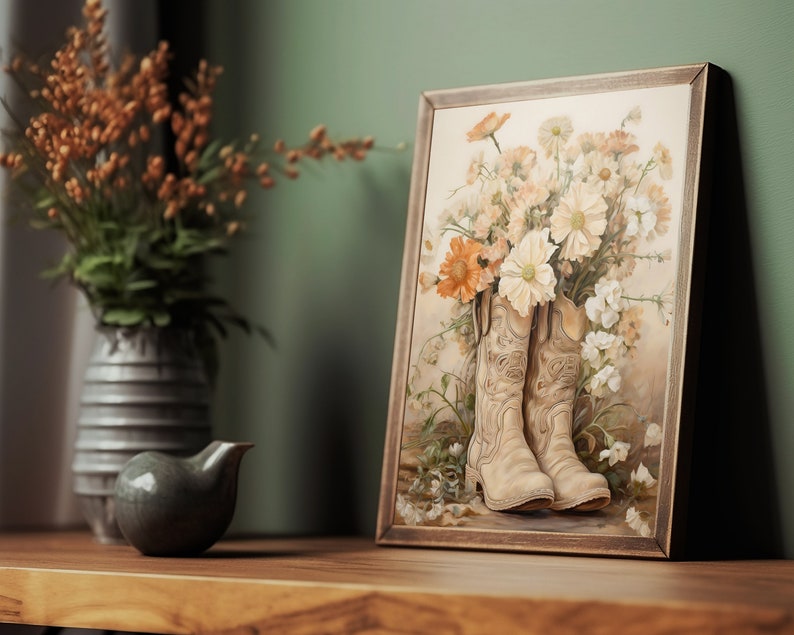 Cowgirl Boots Boho Cottagecore Print Neutral Western Wall - Etsy