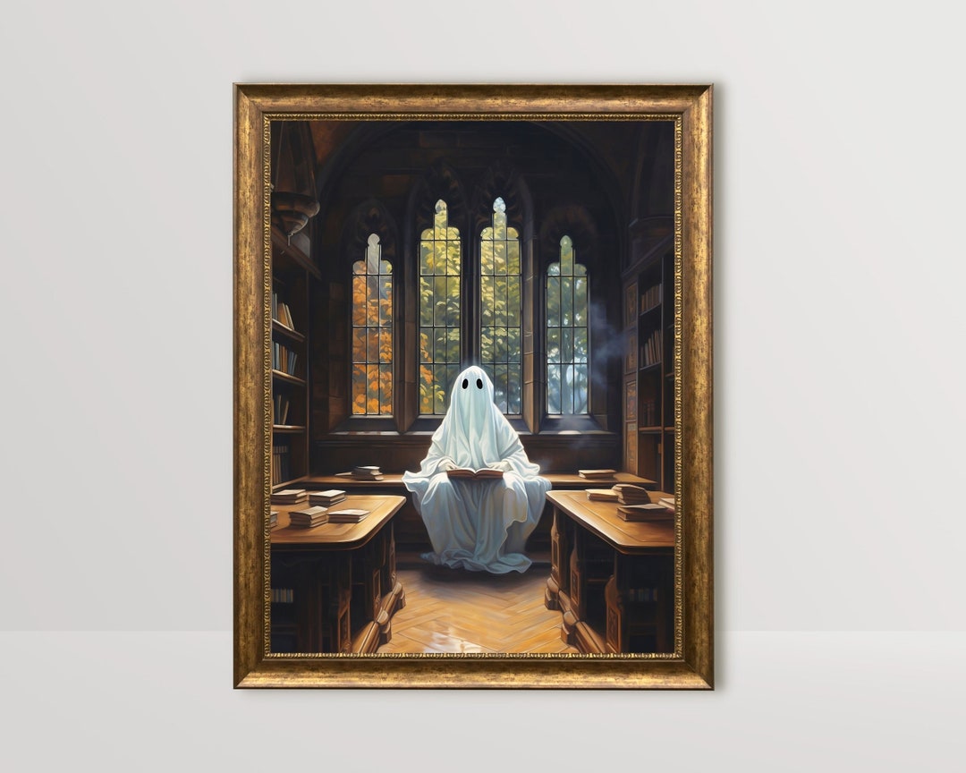Ghost in Library Nook | Spooky Wall Art, Dark Academia Painting ...