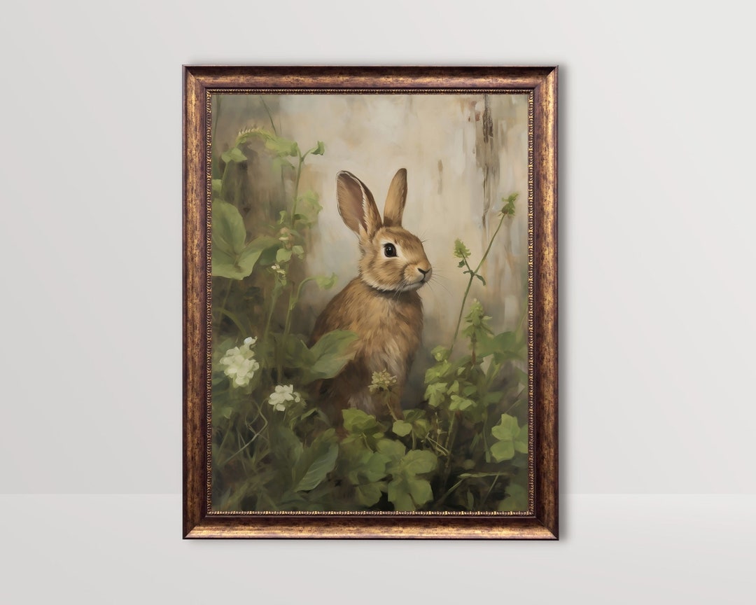 Rabbit | Vintage Bunny Oil Painting, Rustic Farmhouse Decor, Easter Art ...