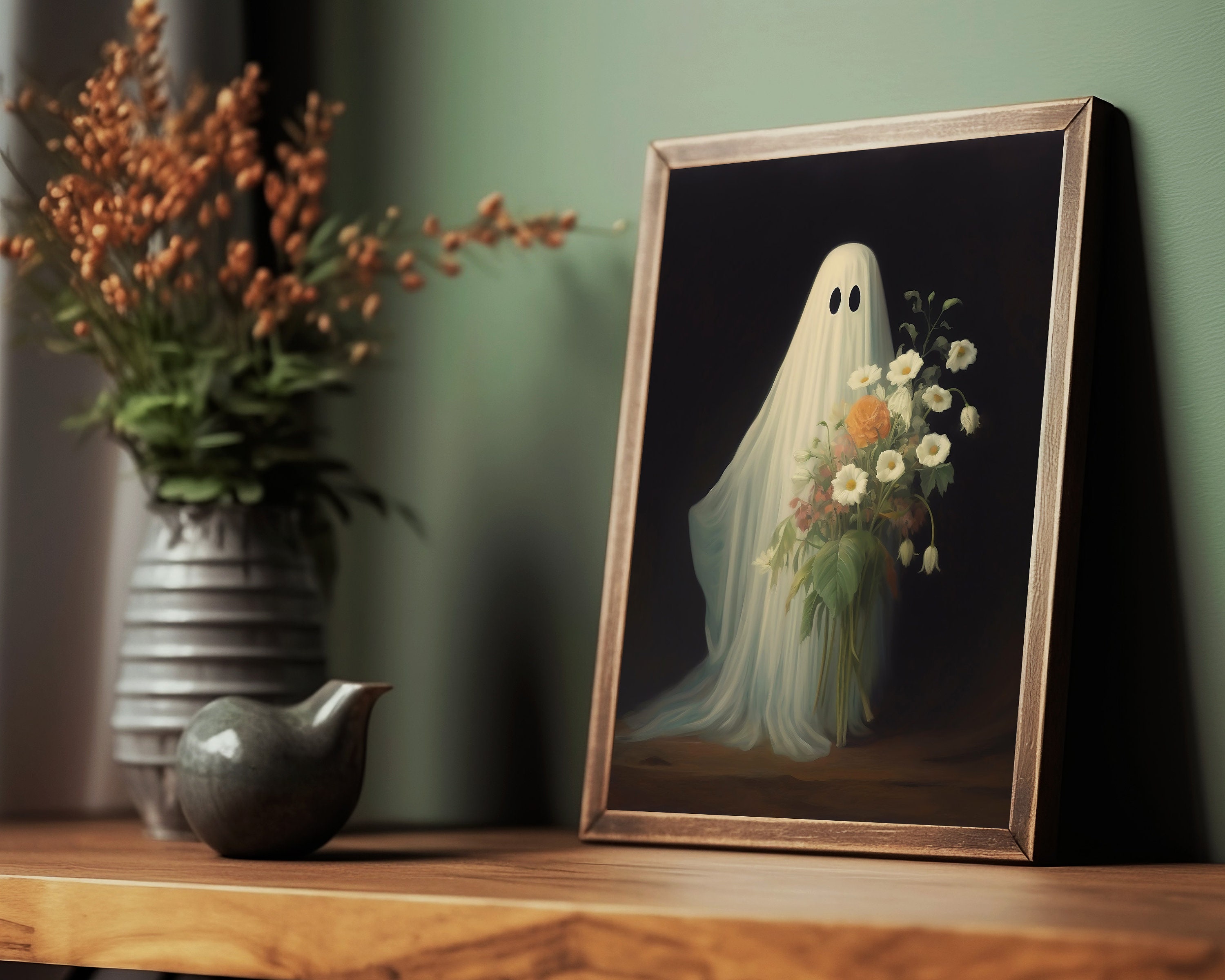 Ghost With Flower Bouquet | Romantic Spooky Wall Art, Dark Cottagecore ...