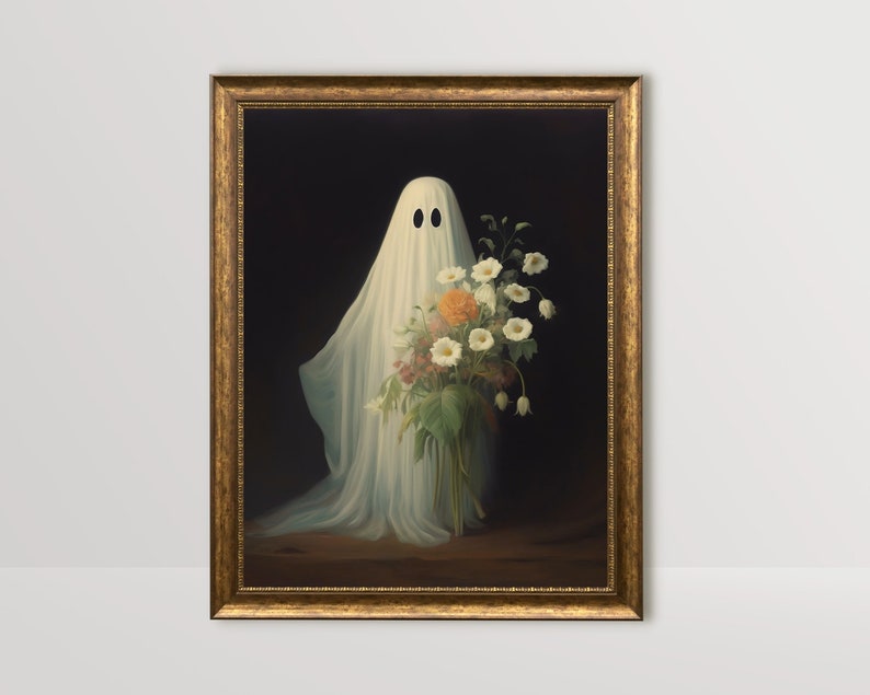 Ghost With Flower Bouquet | Romantic Spooky Wall Art, Dark Cottagecore ...