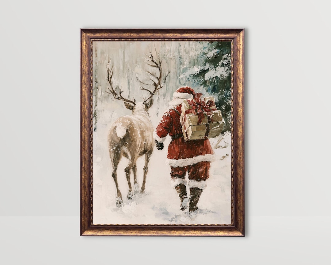Santa With Reindeer | Christmas Wall Art, Vintage Santa Claus Prints ...