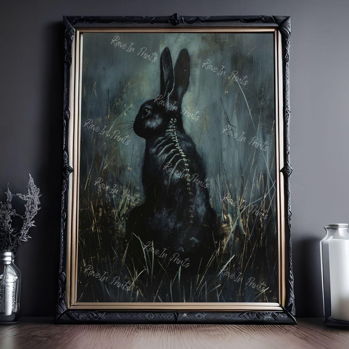 Black Hare in the Grass Painting, Moon Hare Print, Dark Cottagecore ...
