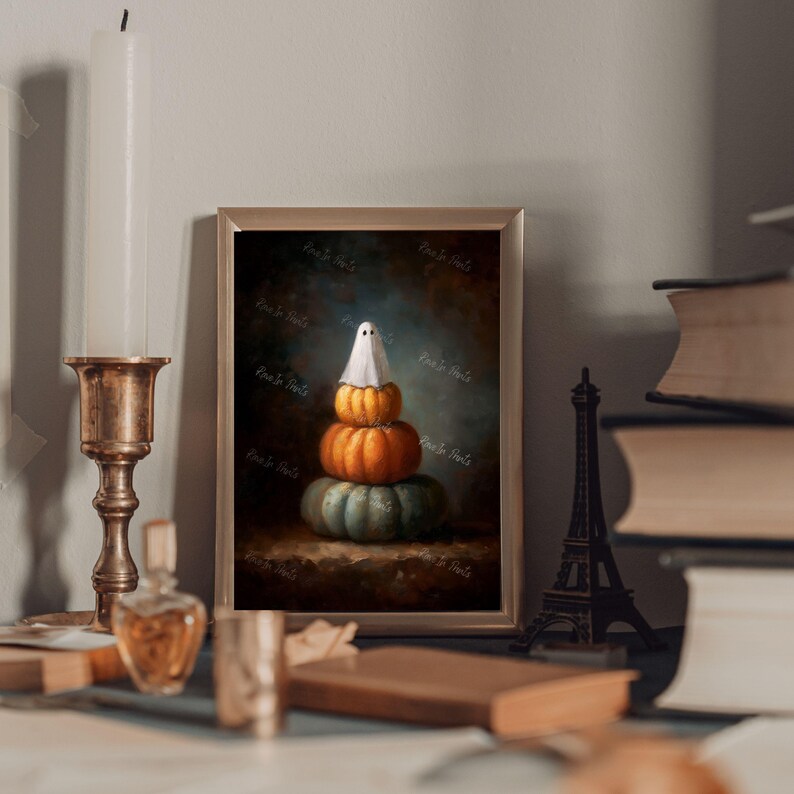 Ghost on Stacked Pumpkins, Art Poster Print, Dark Academia, Haunting ...