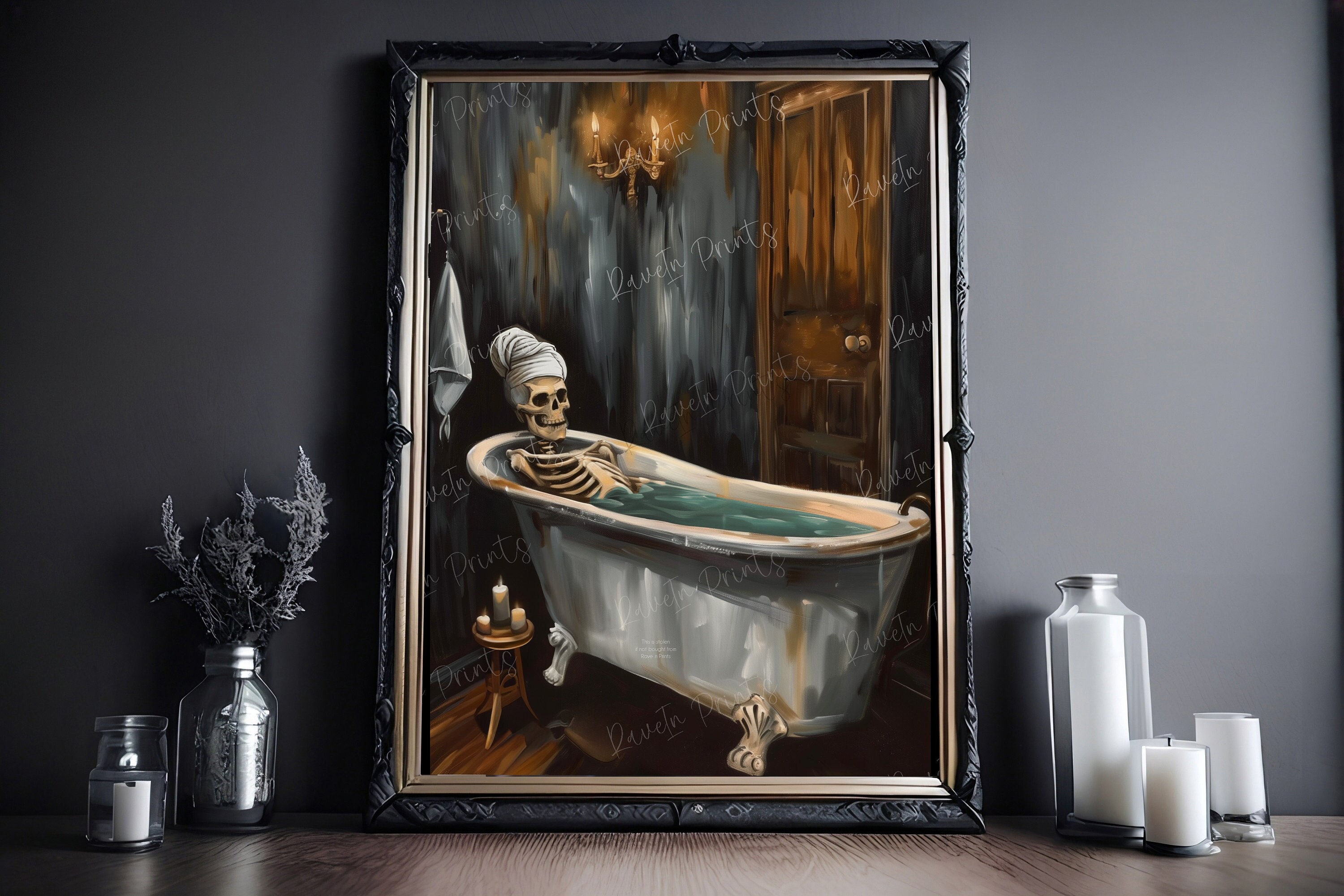 Skeleton Taking a Bath Painting, Gothic Victorian Wall Art, Art Poster ...