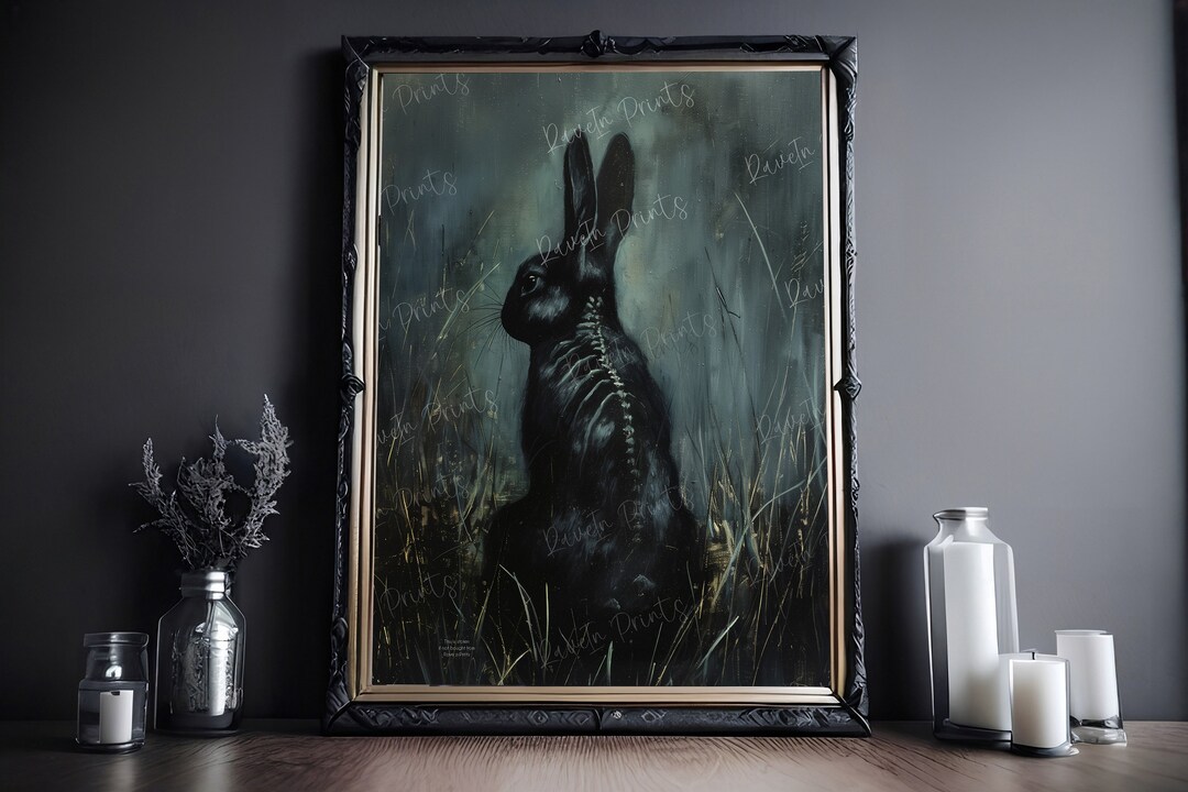 Black Hare in the Grass Painting, Moon Hare Print, Dark Cottagecore ...